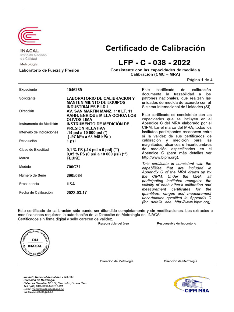 LFP-C-038 - 2022.pdf PATRON | PDF | Metrología | Calibración