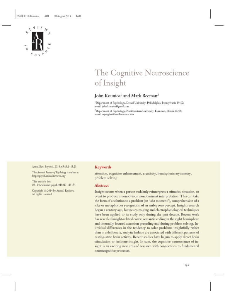 The Cognitive Neuroscience of Insight | PDF | Insight | Functional Magnetic Resonance Imaging