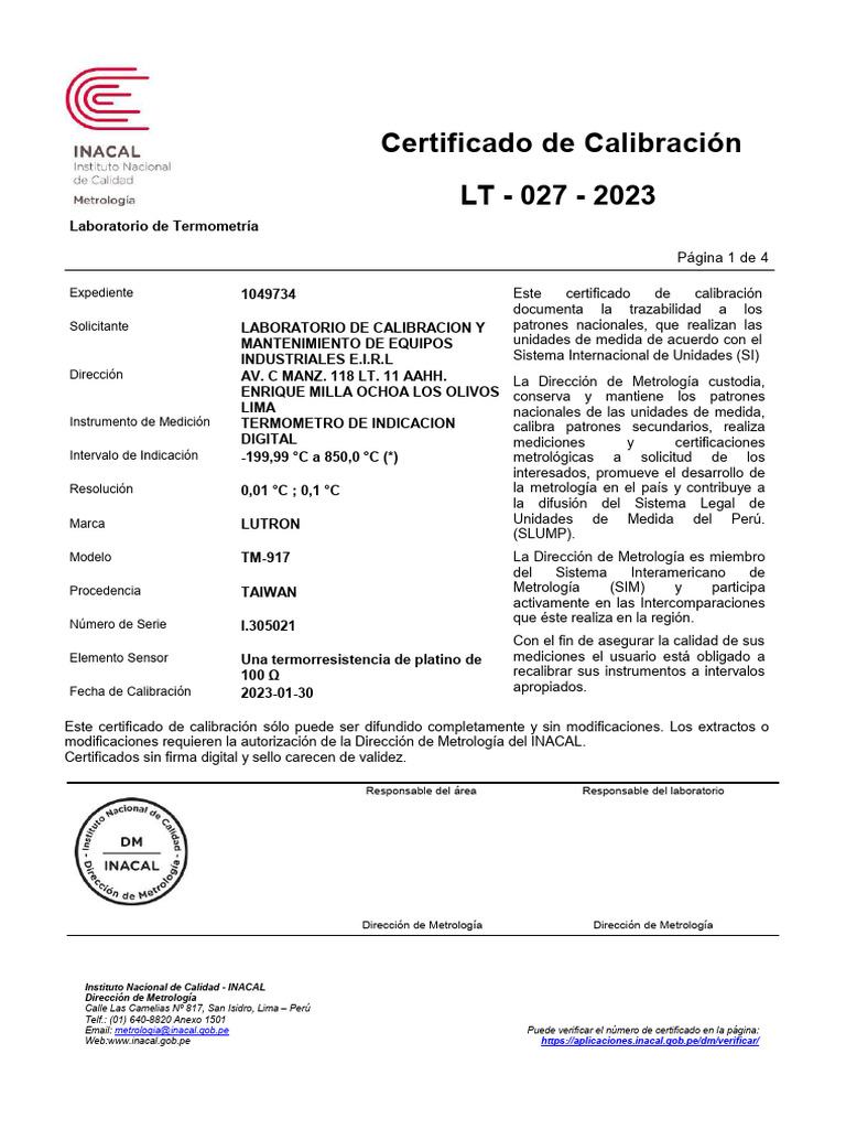 LT 027-2023.pdf - TERMOMETRO PATRON | PDF | Metrología | Calibración