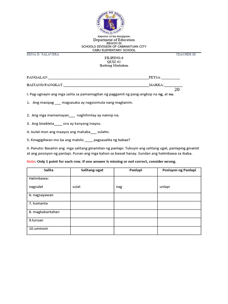 Filipino - Quiz - No.2 - Third Quarter | PDF