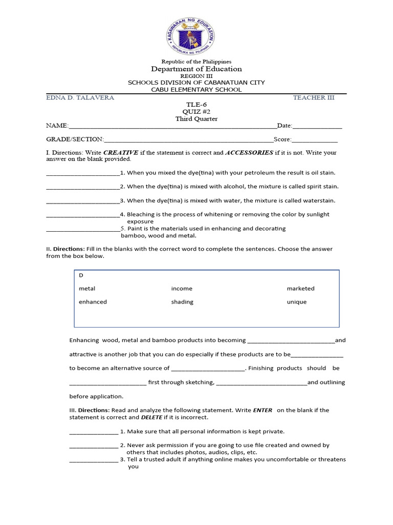 Tle - Quiz - No.2 - Third Quarter | PDF | Computer Virus