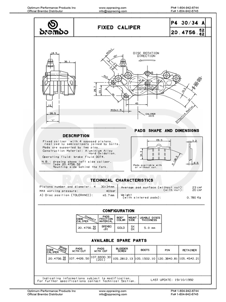 Brembo P4 30/34 CNC Caliper Schematic and Parts | PDF