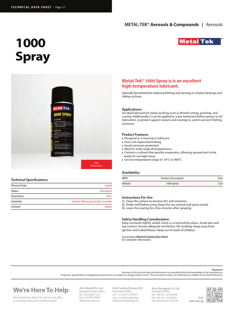 Metal-Tek 1000 Spray - TDS (2023) | PDF | Lubricant | Solubility