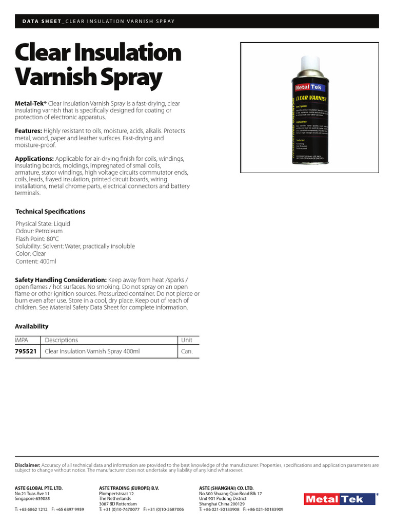 METAL-TEK CLEAR INSULATION VARNISH SPRAY - TDS (2021) | PDF