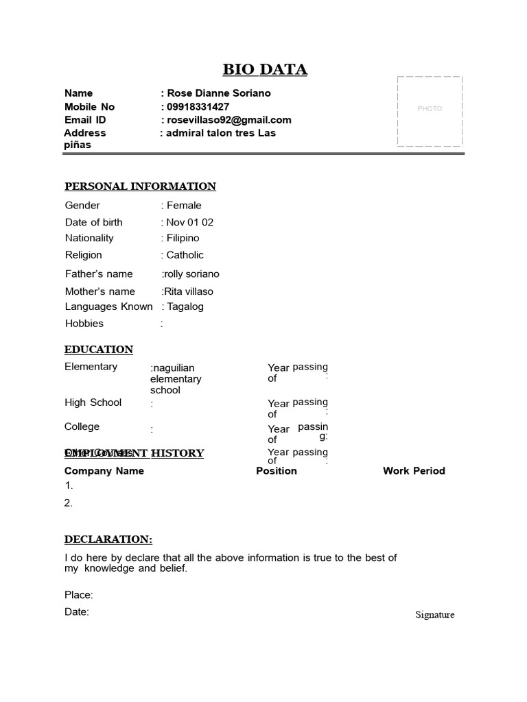 Biodata For Job | PDF