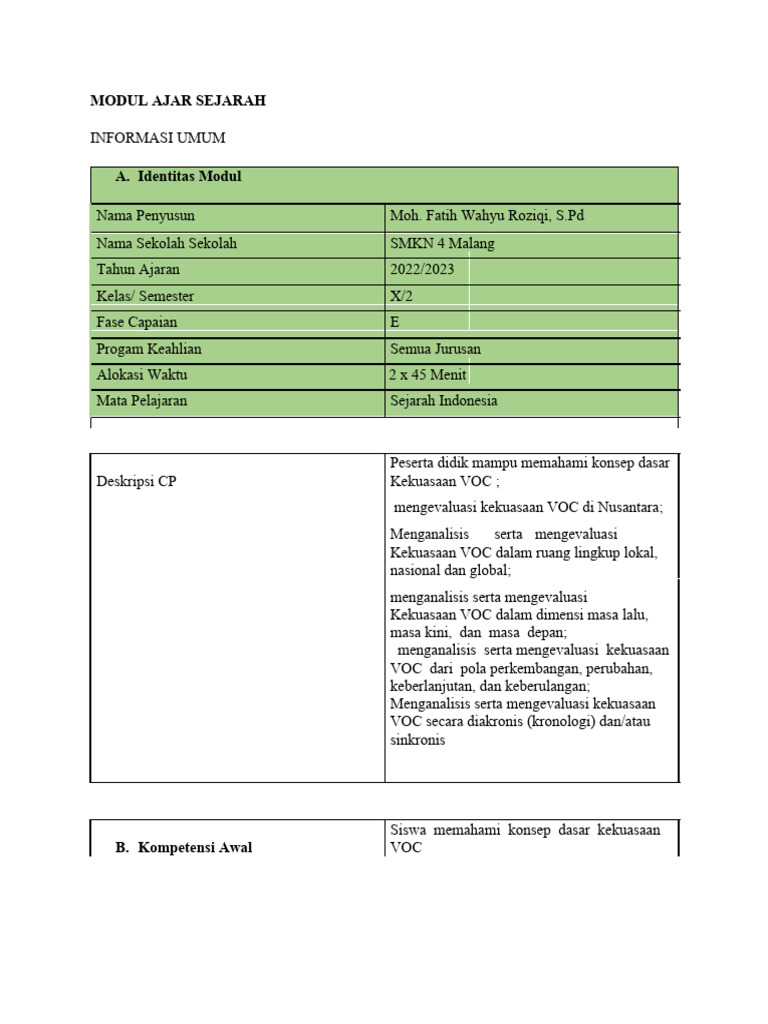Modul Ajar Sejarah Bab Voc | PDF
