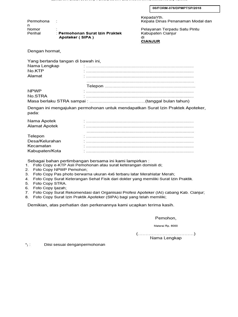 Form Sipa Ke Dinkes | PDF