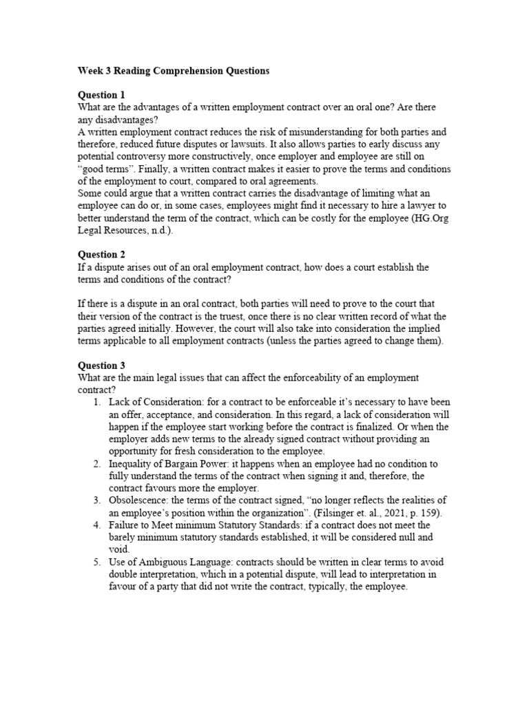Week 3 Reading Comprehension Questions | PDF | Employment | Business Law