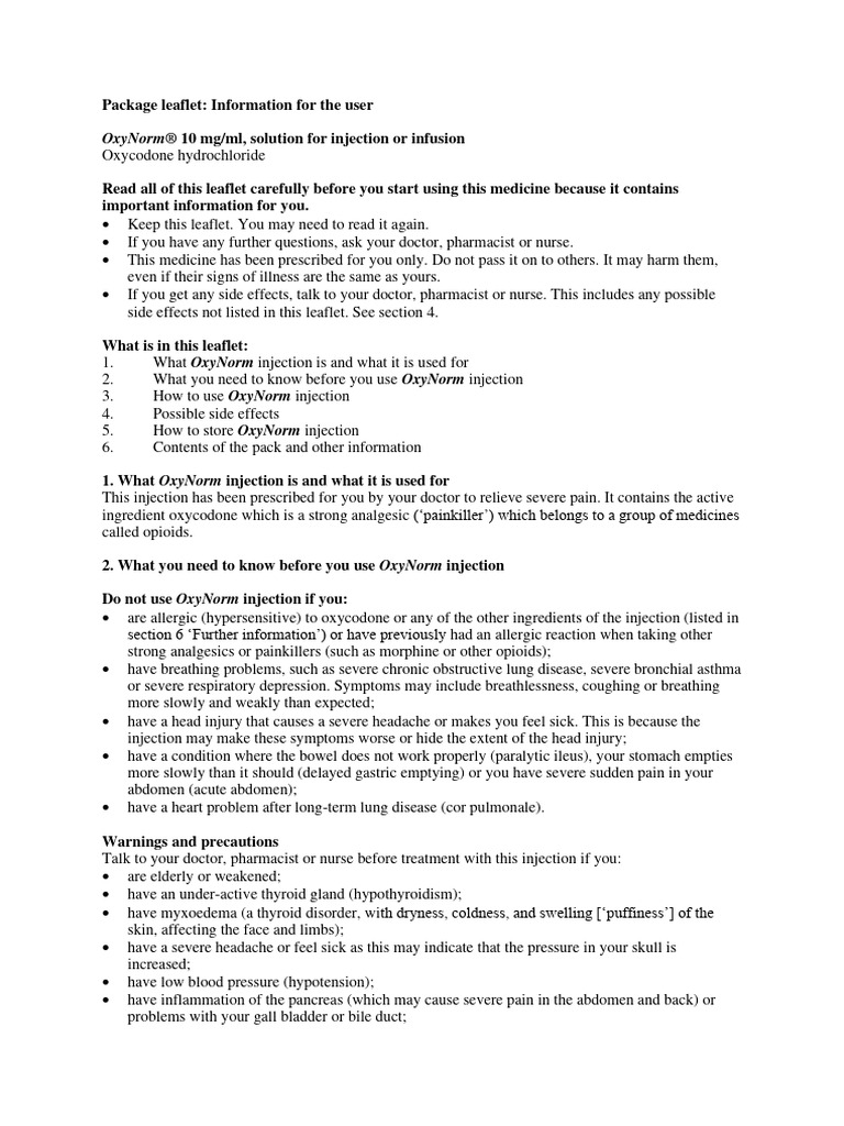 Oxynorm® 10 MG/ML, Solution For Injection or Infusion | PDF | Oxycodone ...