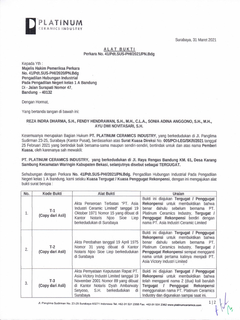 Alat Bukti PHI SSU Bekasi 31 Maret 2021 | PDF