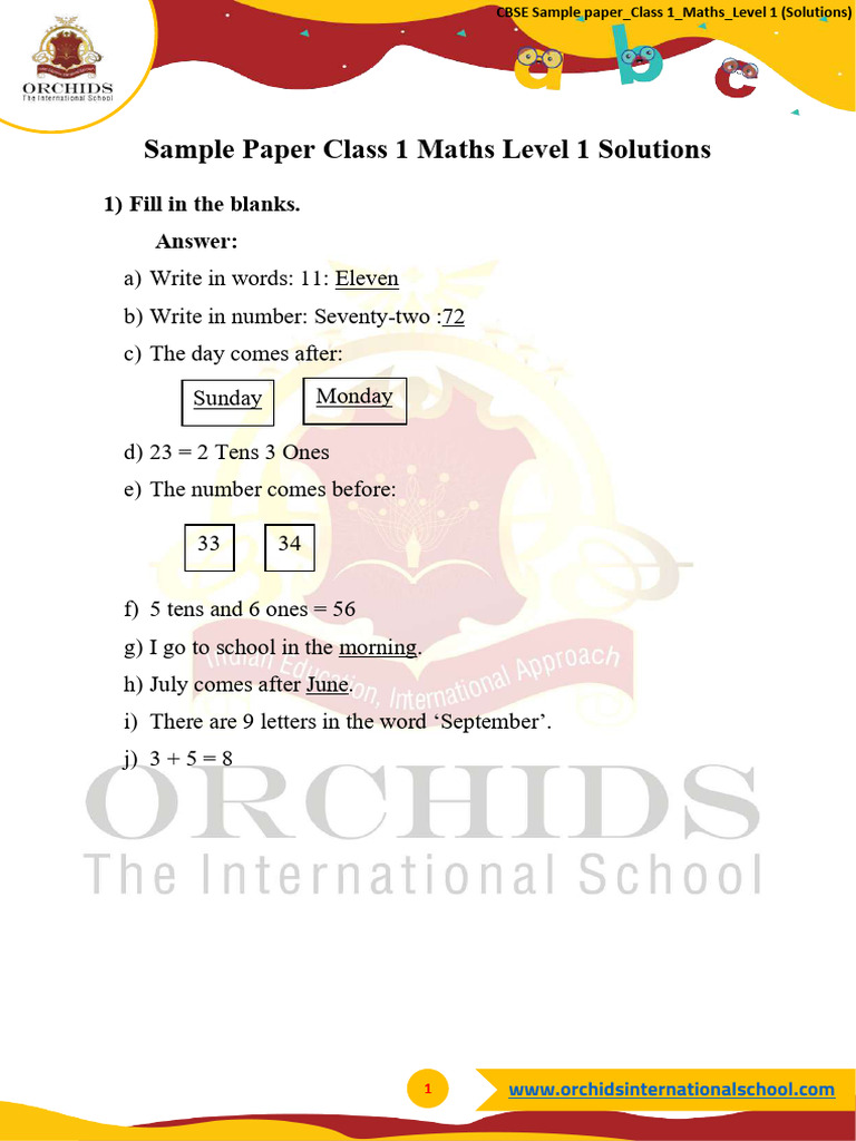 Solution Sample Paper Class 1 Maths Level 1 | PDF | Mathematics