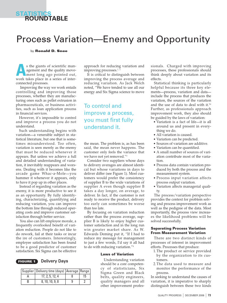 Process Variation Enemy and Opportunity | PDF | Six Sigma | Statistics