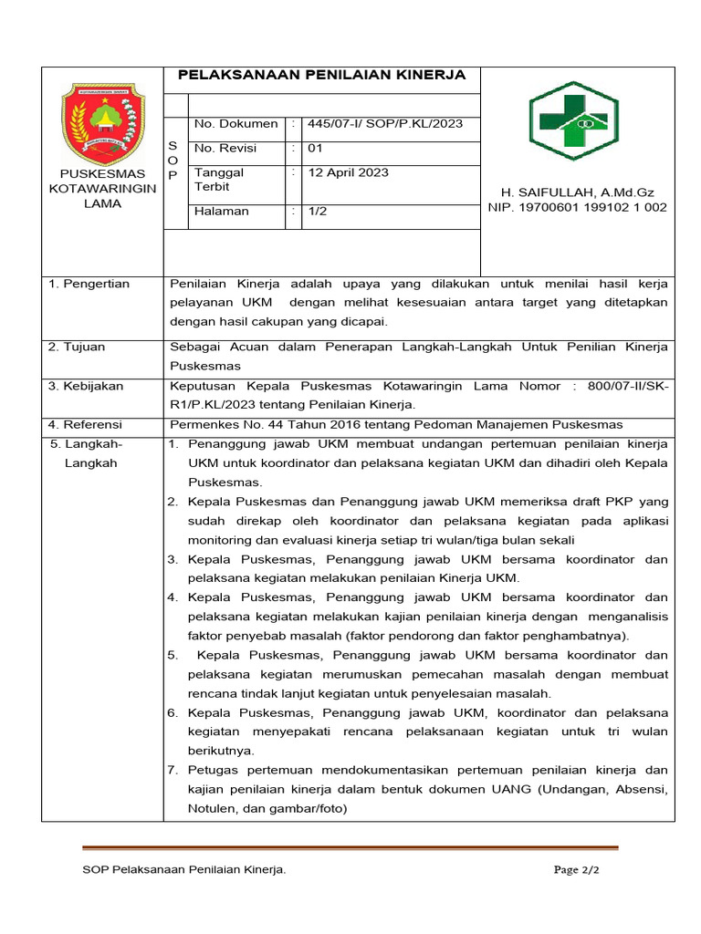 SOP Pelaksanaan Penilaian Kinerja | PDF