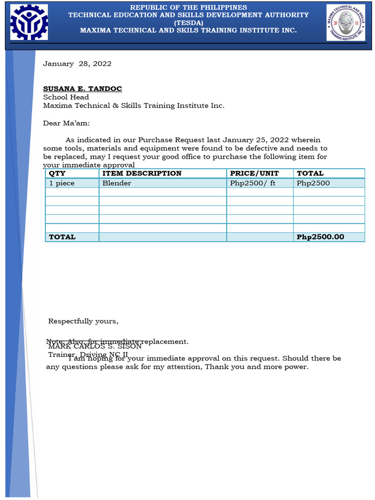 Purchase Request Letter | PDF