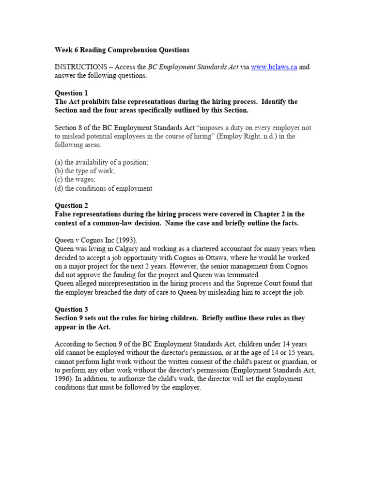 Week - 6 - Reading Comprehension Questions | PDF | Employment | Overtime