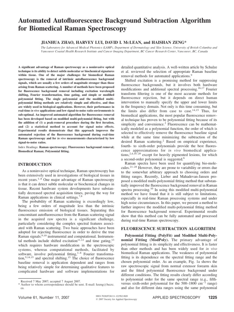 Zhao 2007 Automated Autofluorescence Background Subtraction Algorithm For Biomedical Raman 