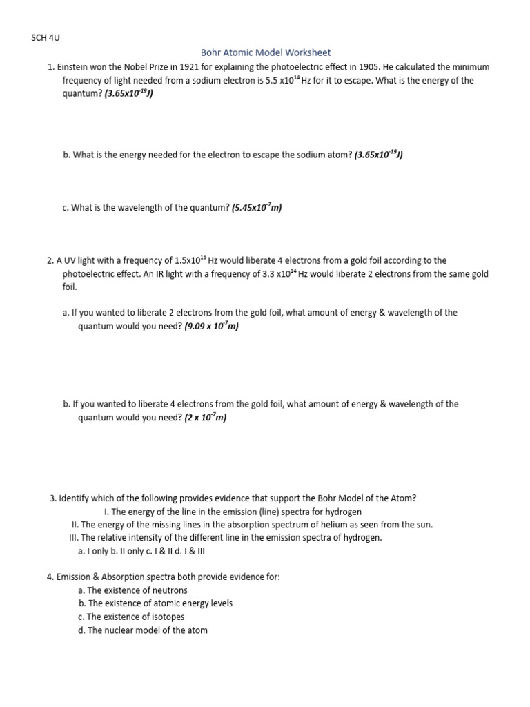 Bohr Atomic Model Worksheet | PDF | Emission Spectrum | Atoms