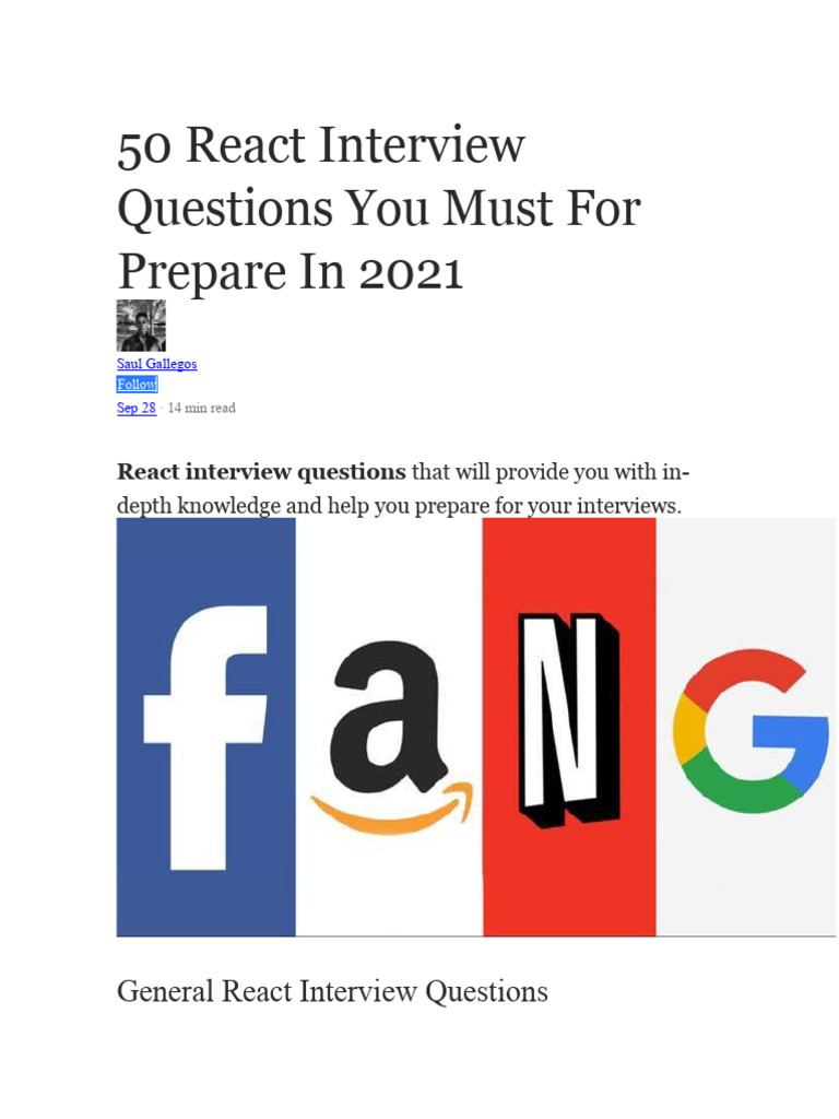 50 React Interview Questions You Must For Prepare in 2021 | Download Free PDF | Document Object ...