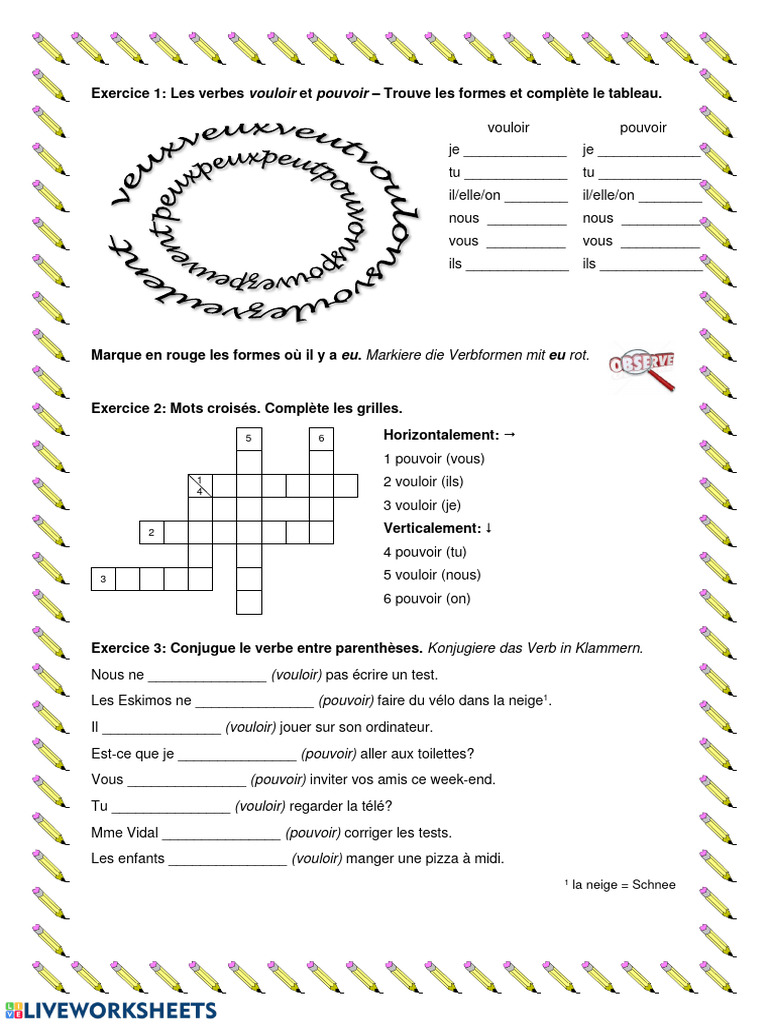 Exercices sur les verbes vouloir et pouvoir | PDF | Linguistique ...