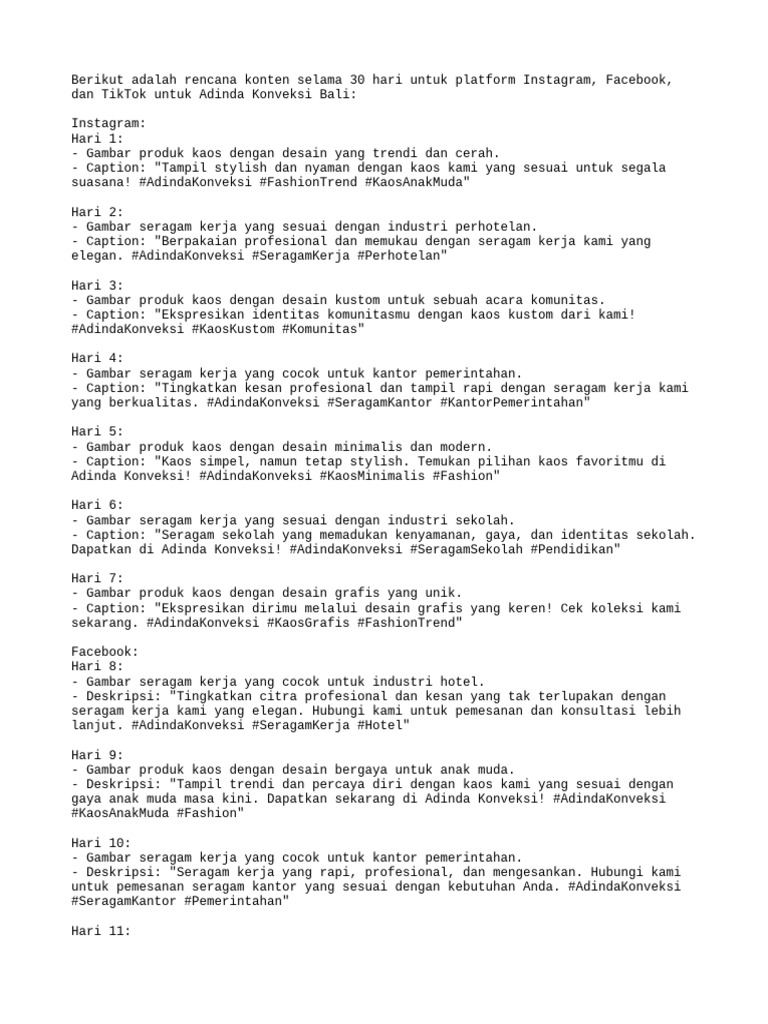 Contoh Konten Plan 1 Bulan Untuk IG FB Dan Tik Tok | PDF