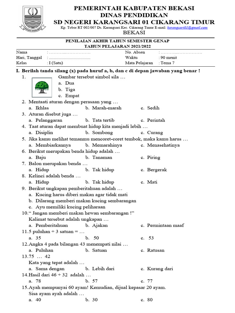 Soal PAT Tema 7 Kelas 1 - 2 | PDF