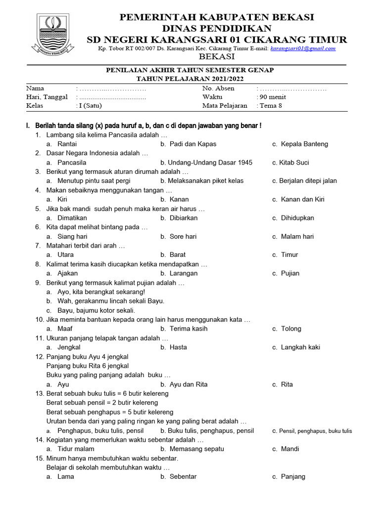 Soal PAT Tema 8 Kelas 1 - 2 | PDF