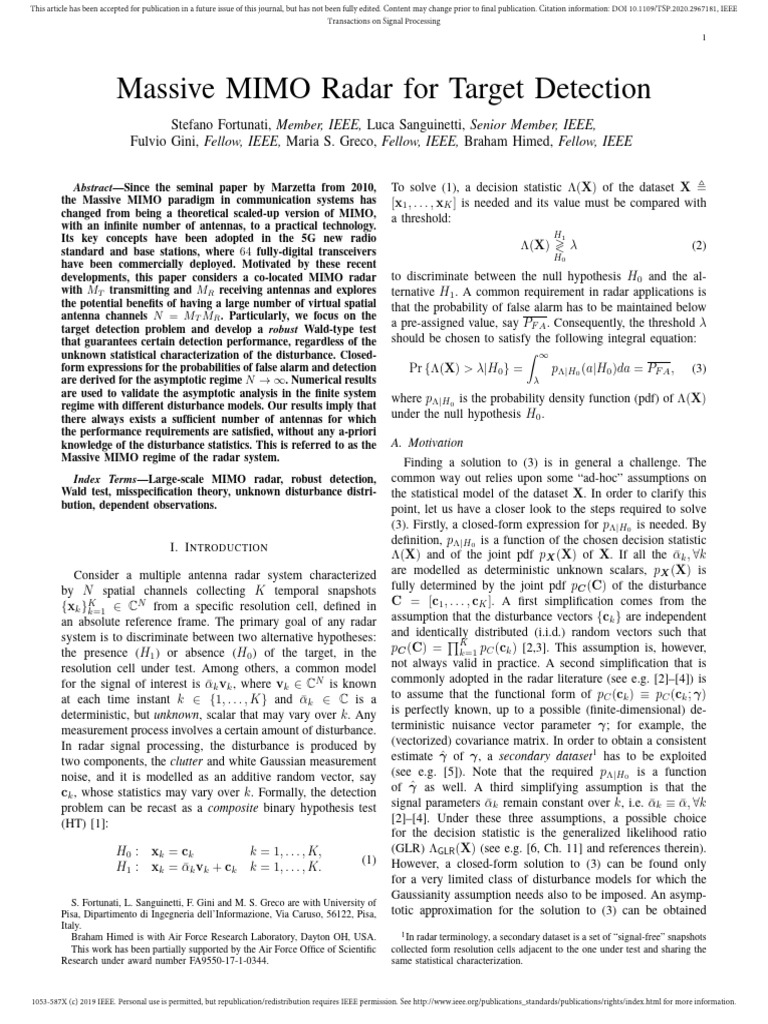 Massive MIMO Radar For Target Detection | PDF | Mimo | Radar