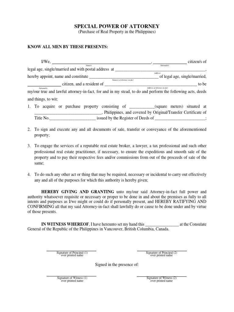 Special Power of Attorney Purchase of Property Rev1 | PDF | Power Of ...
