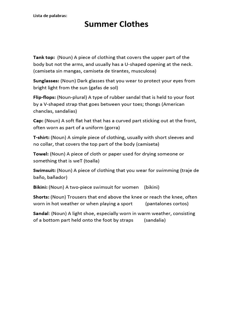 Summer Clothes Vocabulary | PDF