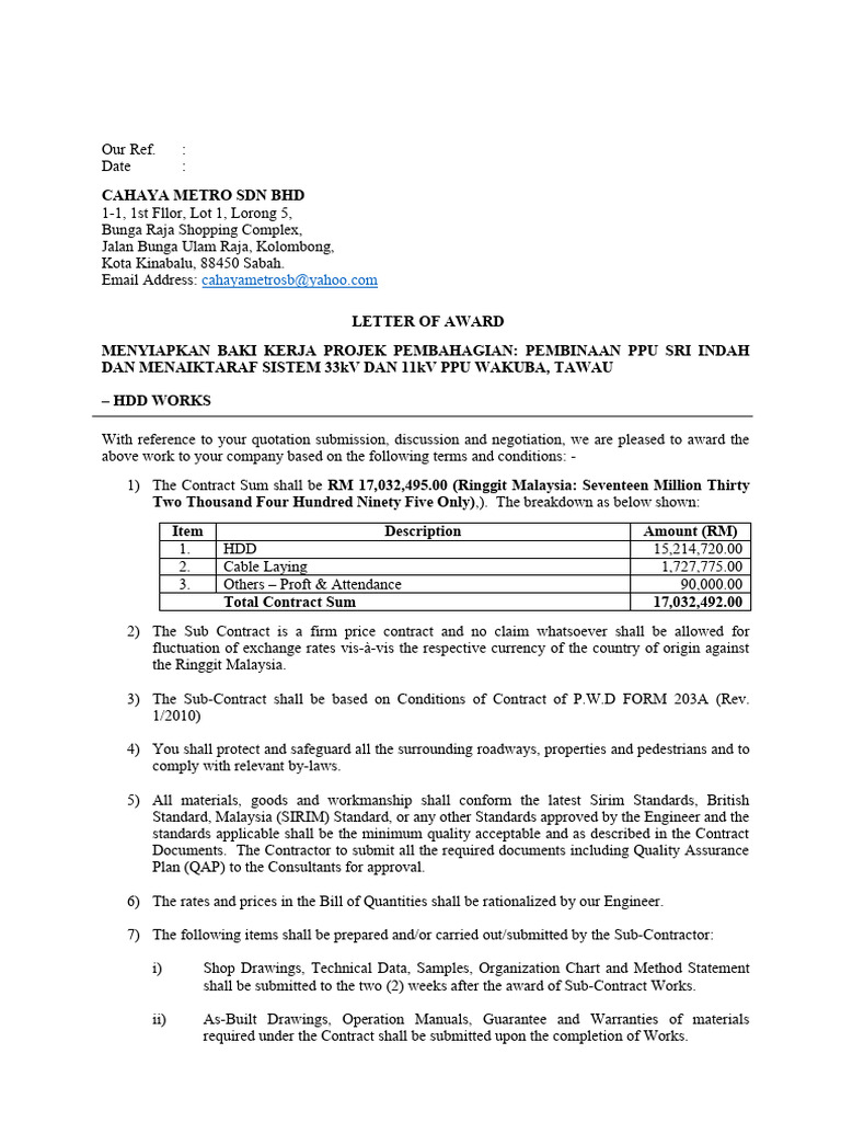 Letter of Award - Draft | PDF | Common Law | Business
