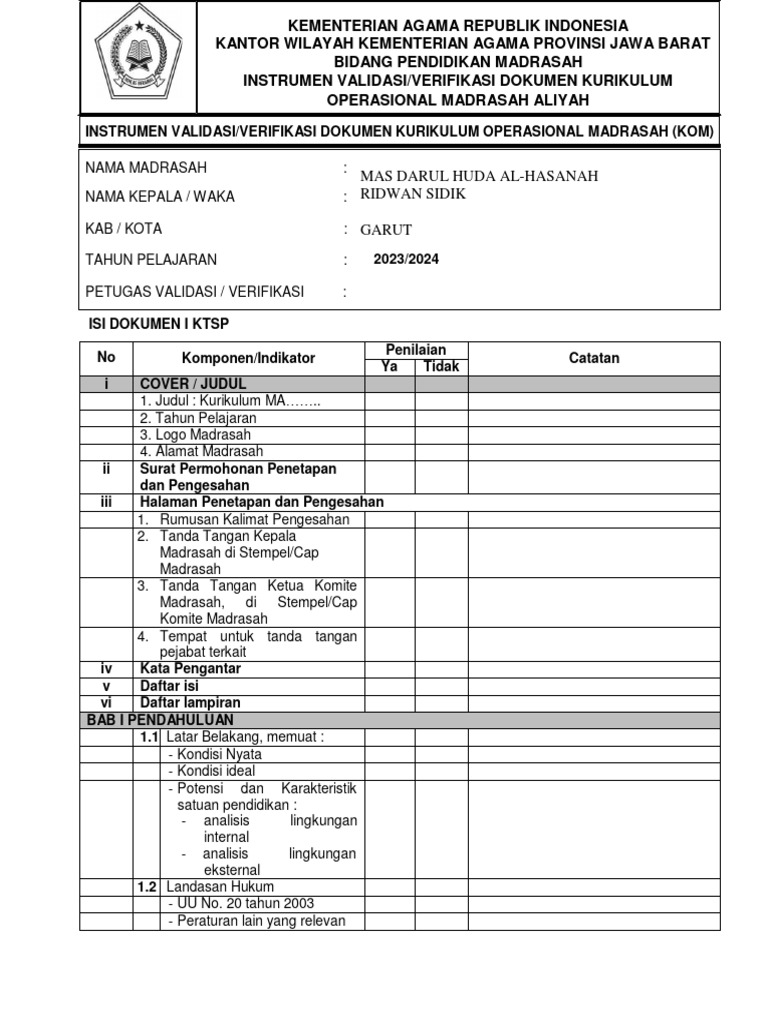 2023 - INSTRUMEN VALIDASI-VERIFIKASI Kom + KTSP MA 2023 | PDF