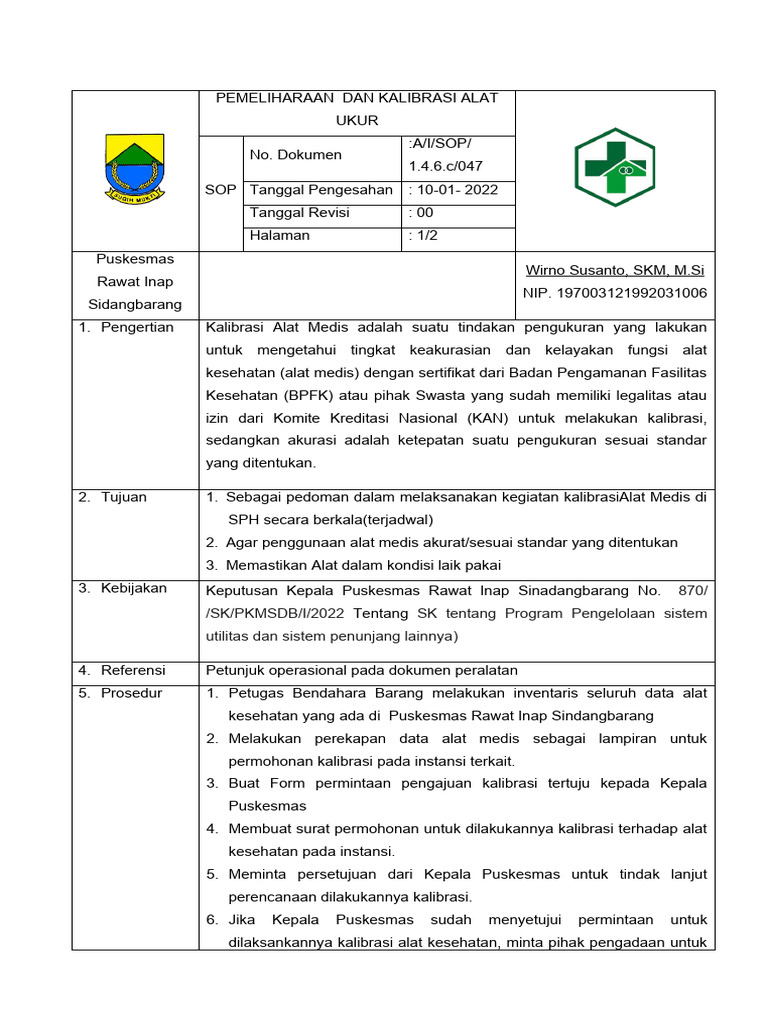 Sop Pemeliharaan & Kalibrasi | PDF
