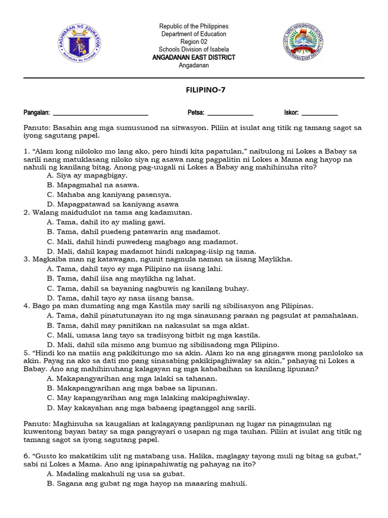 Halimbawa NG Pagsusulit Sa Filipino 7 Quarter 1 | PDF
