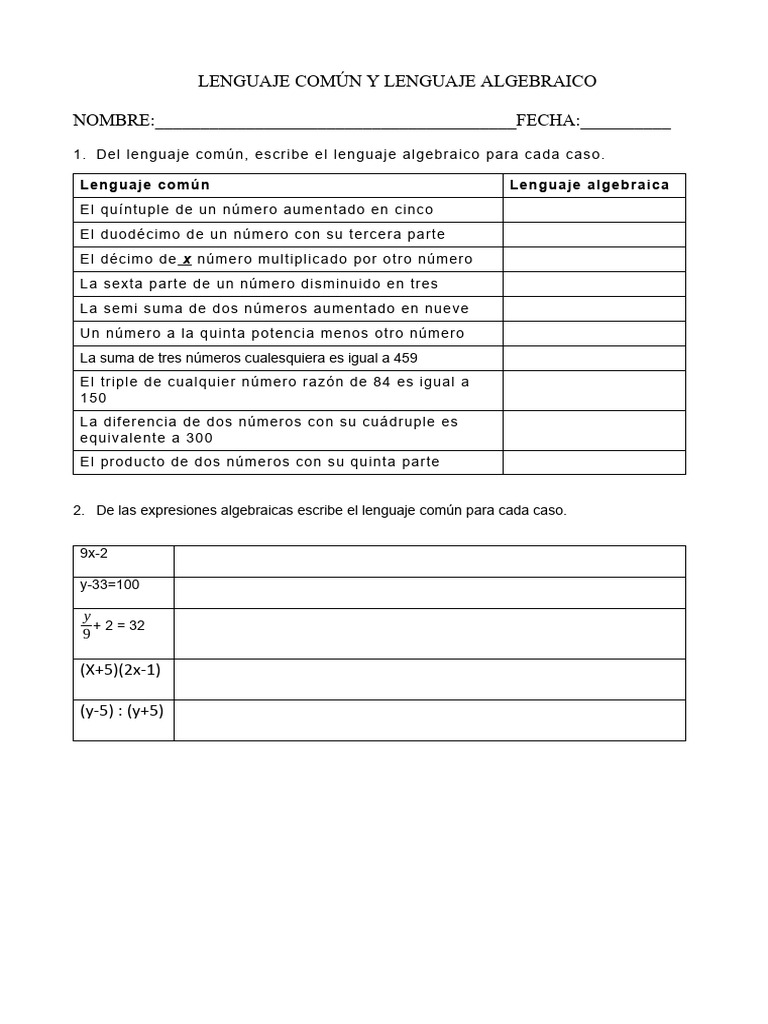 Lenguaje Común y Lenguaje Algebraico - Actividad 2 | PDF