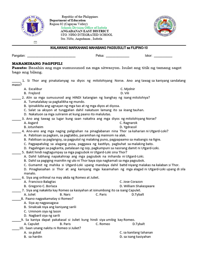 Second quarter exam Fil10 no tos | PDF