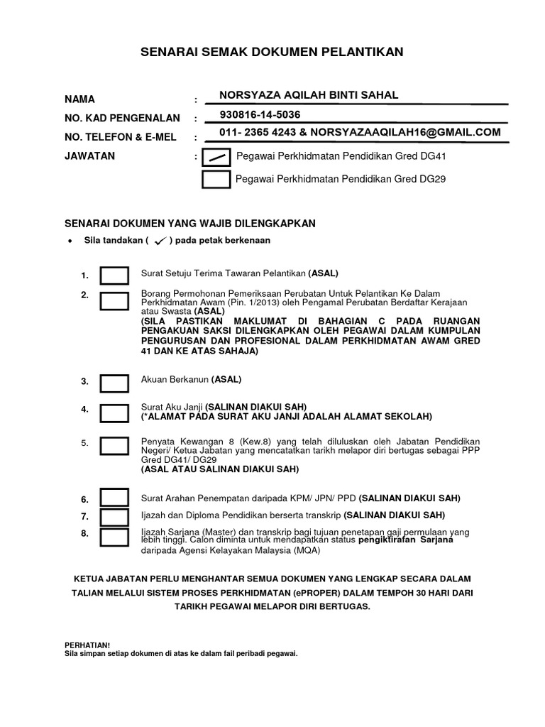 Senarai Semak Dokumen Pelantikan | PDF