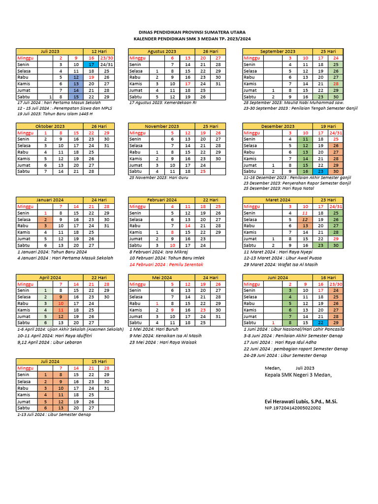 Kalender Smkn3 Medan 2023-2024-1 | PDF