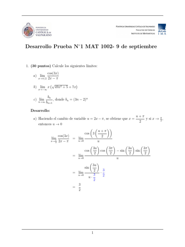 Desarrollo Prueba N1 MAT 1002 | PDF | Matemáticas | Análisis matemático