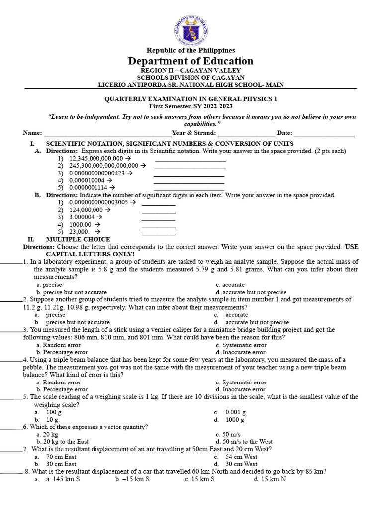 1st Quarter Exam-gen Physics 1 | PDF | Acceleration | Speed
