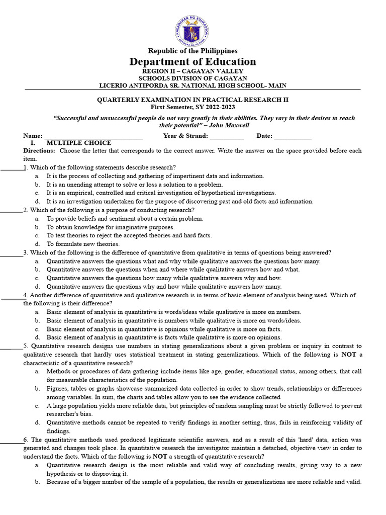 1st Quarter Exam - PR2 SY 2022-2023 | PDF | Quantitative Research ...