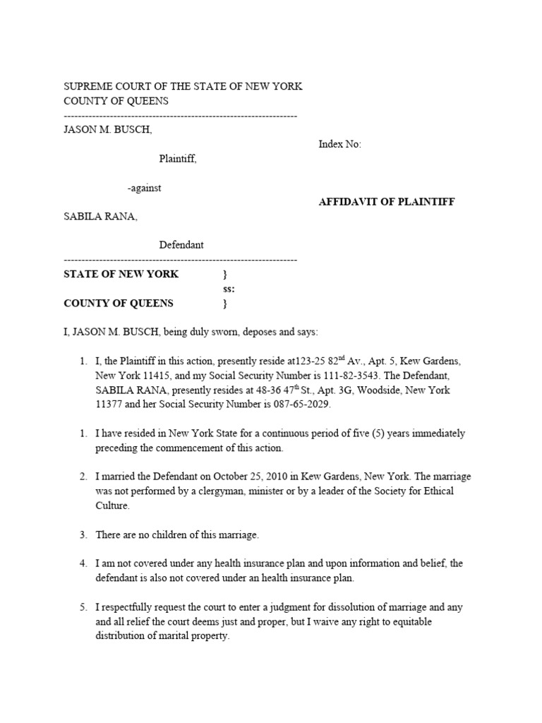 Affidavit of Plaintiff | PDF | Marriage | Divorce