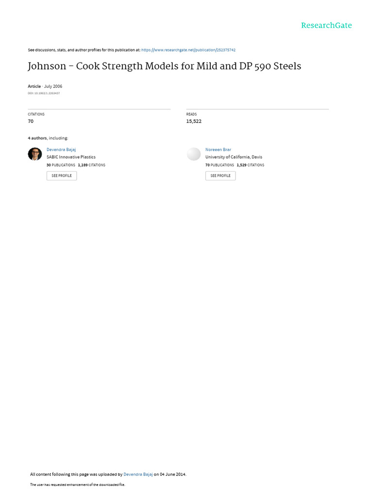 Johnson - Cook Strength Models For Mild and DP 590 | PDF | Deformation ...