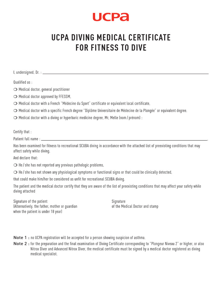 Scuba Diving Medical Clearance Certificate | PDF | Underwater Diving ...