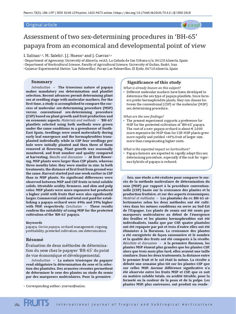 Assessment Of Two Sex Determining Procedures In Bh 65 Papaya From An