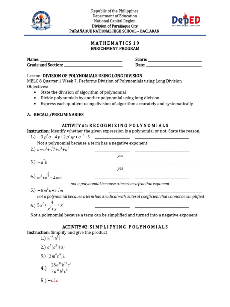 Mathemetics 10 Enrichment Activity | PDF | Division (Mathematics) | Theoretical Computer Science
