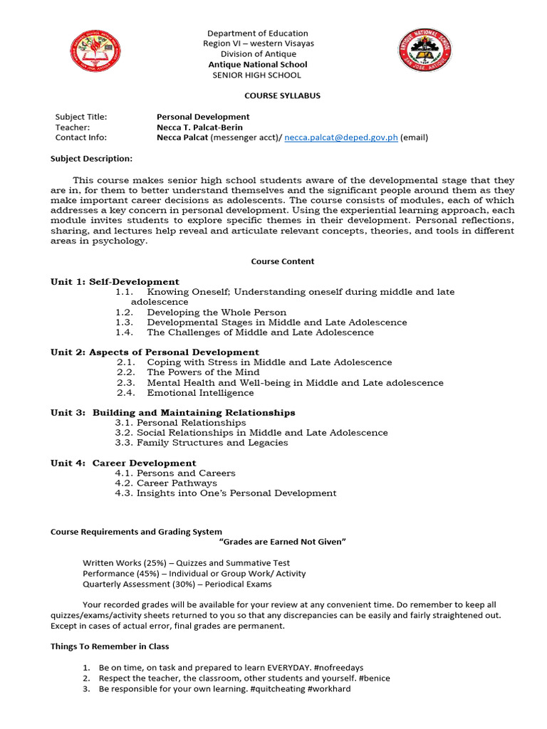 SHS Course Syllabus PerDev | PDF | Adolescence | Mental Health