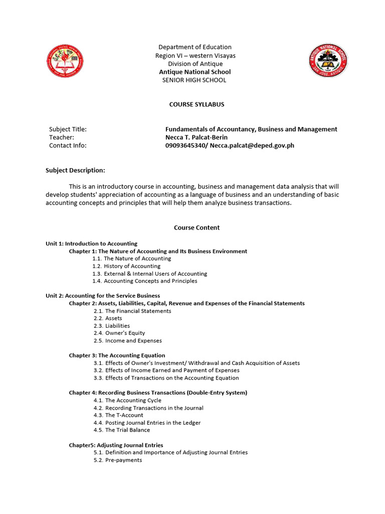 SHS Course Syllabus FABM 1 | PDF | Business | Financial Accounting