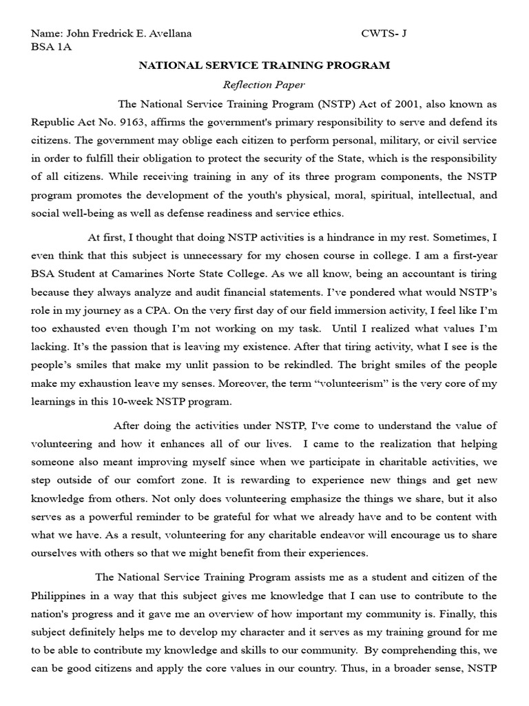 NSTP Reflection | PDF | Knowledge | Volunteering