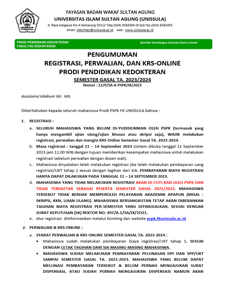 Pengumuman Perwalian Gasal 2023-2024 | PDF