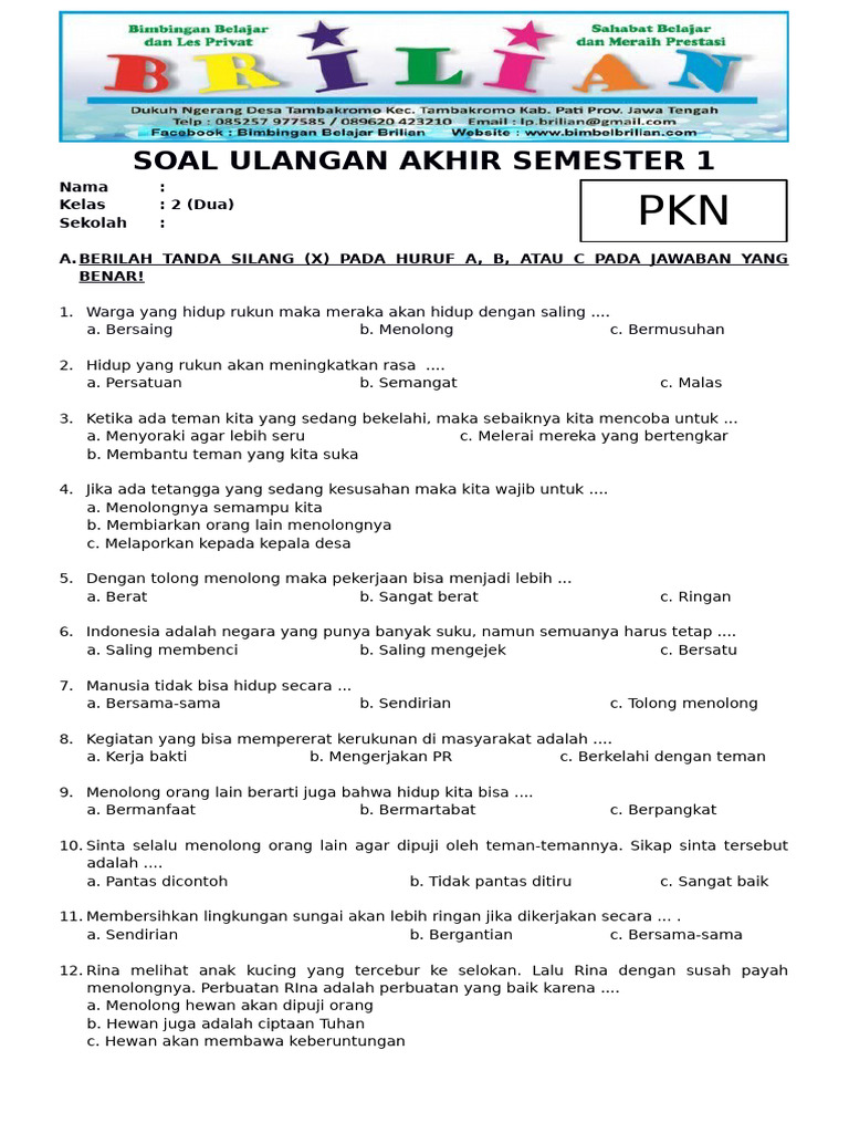 Soal UAS PKN Kelas 2 SD Semester 1 (Ganjil) Dan Kunci Jawaban | PDF